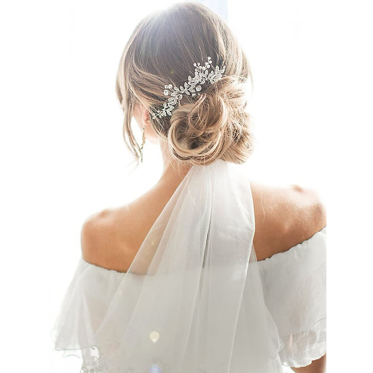 Unsutuo Crystal Bridal Headband Silver Rhinestone Leaves Wedding Hair Vine Pearls Bride Hair Pieces for Women and Girls(Silver)