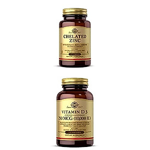 Solgar Chelated Zinc, 100 Tablets - Zinc for Healthy Skin + Solgar Vitamin D3 (Cholecalciferol) 250 MCG (10,000 IU), 120 Softgels - Immune System Support