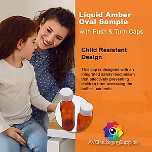 AVG Packaging Supplies Liquid Amber Oval Sample Bottles with Push & Turn Caps – Child Resistant Pharmacy Prescription Medicine Containers, 3oz Vials (200ct)