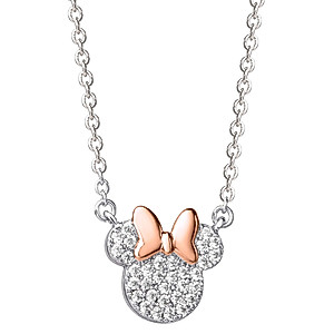 Disney Jewelry, Minnie Mouse Cubic Zirconia Pendant Necklace, Silver Plated, Pink Plated, 16+2" Extender