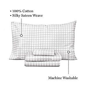 MARTHA STEWART 100% Cotton Full Size Sheet Set - 4 Piece, Soft, Smooth, Durable, Easy Care, 16" Deep Pocket Sheets, Sateen Sheets, 1 Flat, 1 Fitted, 2 Pillowcases, Light Grey