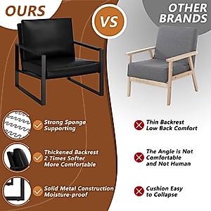 AWQM Modern PU Leather Accent Chair Arm Chair with Extra-Thick Padded Backrest and Seat Cushion Sofa Chairs for Living Room Bedroom, 105 Degree Slant Back, Non-Slip Adsorption Feet, Black