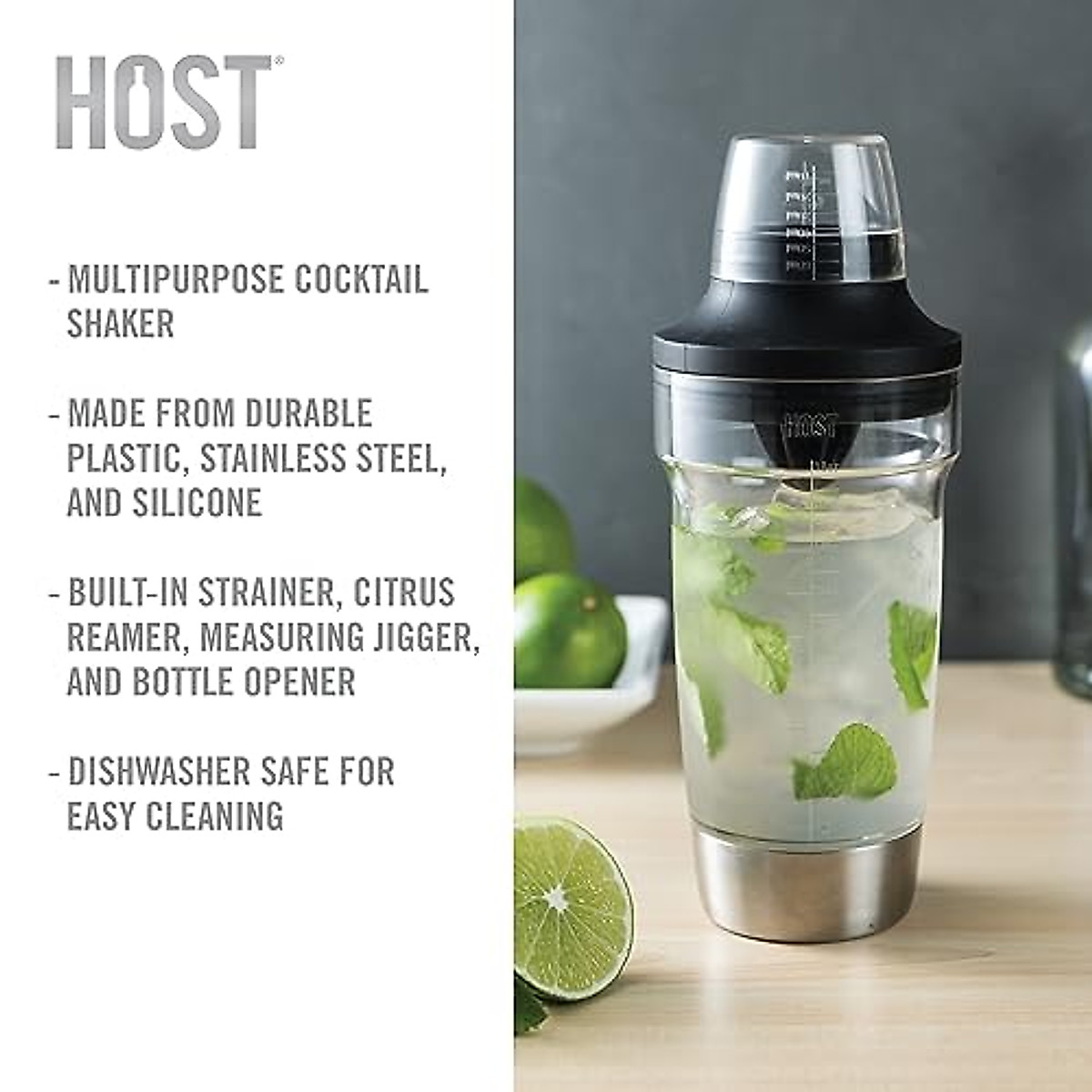 HOST All in One Cocktail Shaker Set | 5 in 1 Tool - Jigger Cap | Strainer | Reamer | Stainless Steel Bottle Opener and Oz and mL Markers 18 oz Capacity - Multitool Bartending Mixer for Drinks