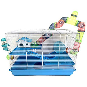 Large 3-Levels Dwarf Hamster Expandable and Customizable Habitat House Cage for Rodent Gerbil Mouse Mice Rat with Crossover Tube Tunnel (24" L x 12.5W x 16" H, Blue)