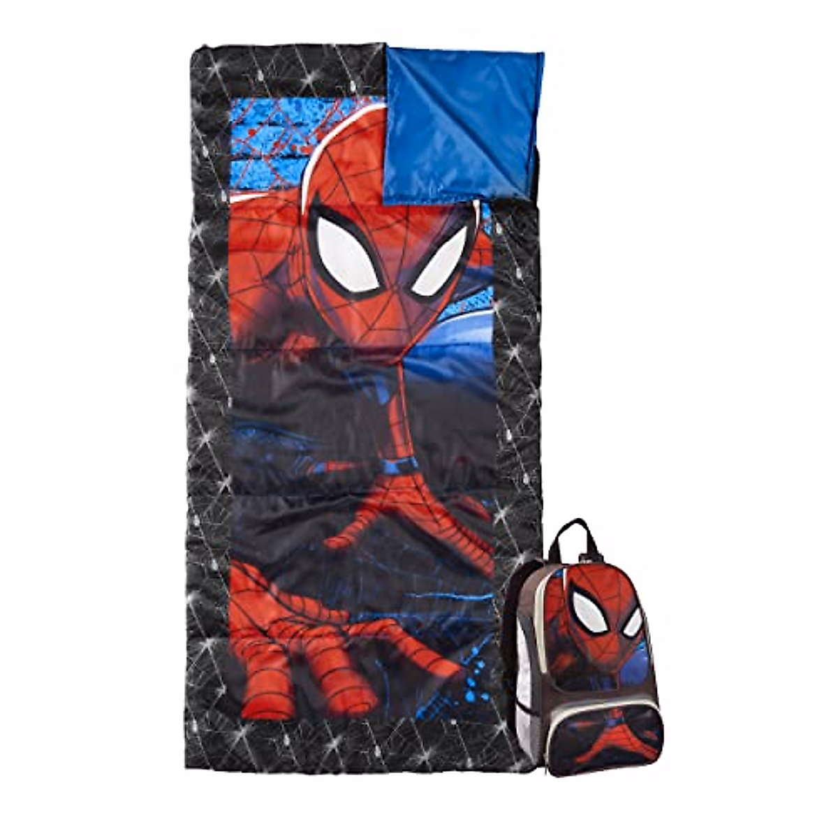 Exxel Marvel Spiderman Superhero Kids Outdoor Youth Sized 2 Piece Camping Set with Matching Sleeping Bag and Carrying Backpack, Multicolor