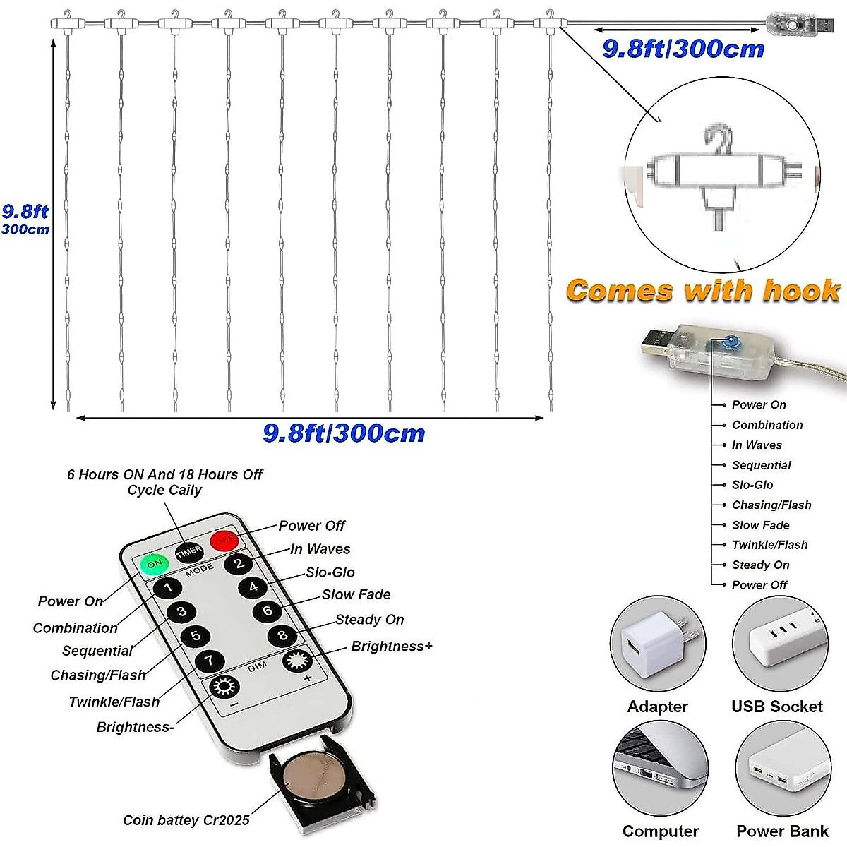 Honche Led Curtain Lights 300 LED 8 Modes USB with Remote for Home Room Bedroom Wedding Party Christmas Window Wall Decorations Room Decor (Cool White)
