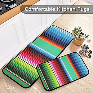 Mexican Serape Blanket Stripes Kitchen Rug Mats 2PCS Non Slip 47" x 20" + 28" x 20" Kitchen Carpet Floor Mat Hallway Rugs Anti Fatigue Doormat