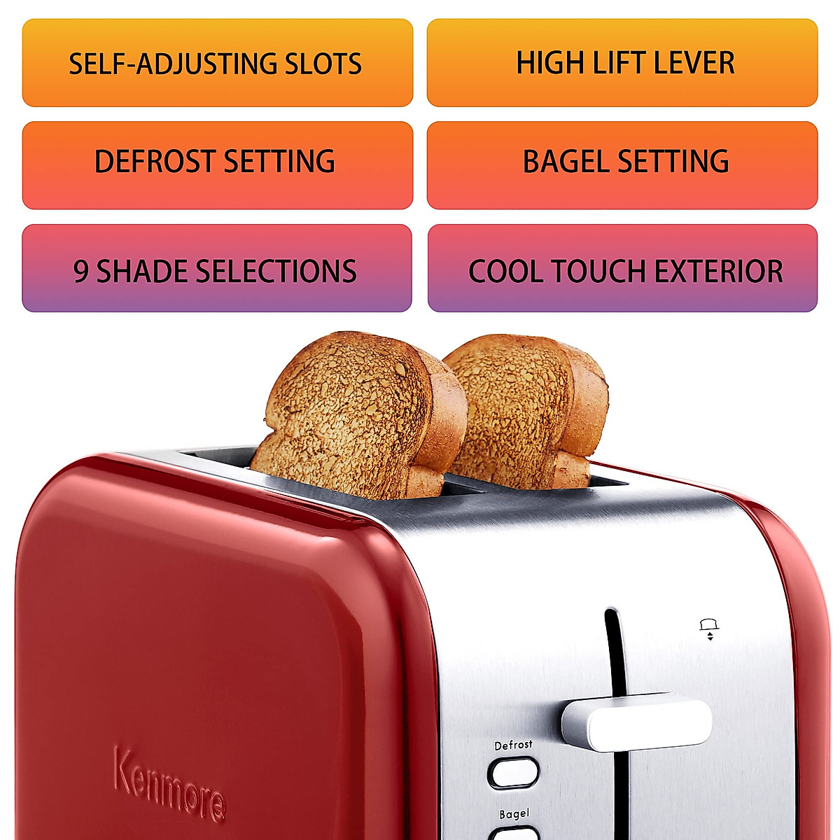 Koolatron Kenmore 2-Slice Toaster, Stainless Steel, Red and Silver, with Extra Wide Slots, Self-Adjusting Bread Guides, Defrost, Bagel and Removable Crumb Tray, Small (KKTS2SR AZ)