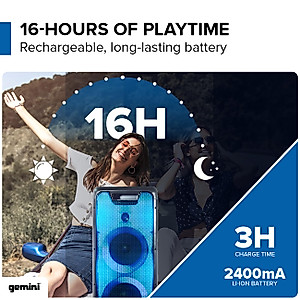 Gemini Sound GLS-880 Portable Party Speaker with 1000W Peak Power, Hi-Fi Class Bluetooth Streaming, Built-in LEDs, USB & FM Radio Playback, and Rechargeable 16 Hour Battery
