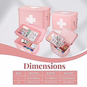 Flexzion First Aid Box Organizer, Empty 8.5 Inch Pink Vintage First Aid Kit Tin Metal Medical Box First Aid Storage Box Container Bins with Dividers, Removable Tray and Cross Logo