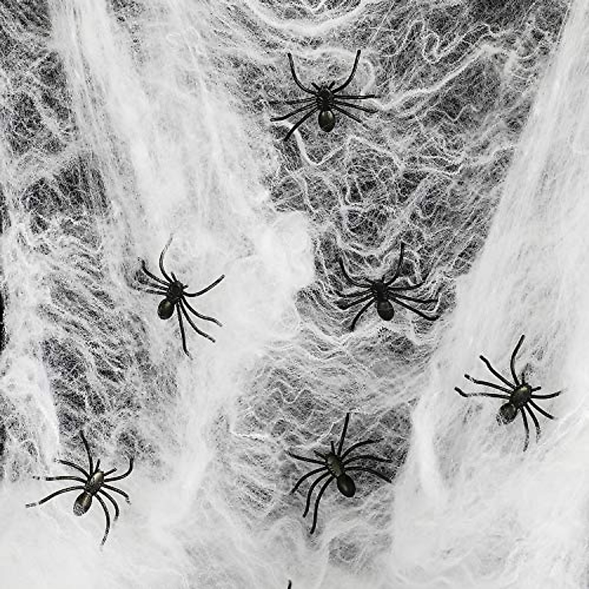 12 Pieces Halloween Decorations Flickering Flameless Candles with 10 Pieces Spiders and White Spider Web Decorations for Halloween Party Favor (Amber Yellow)
