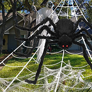 Halloween Decorations Outdoor, 200" Spider Web 60" Giant Spider with Extra Stretch Cobwebs and 10 Small Plastic Spiders, Halloween Outdoor Scary Decorations Yard Home Outside Parties House Décor