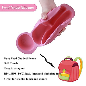 NICINGU Silicone Suction Plate spoon fork sets for Toddlers,Divided Plate Dish Placemat Bowl for Baby Kids Infant Self Feeding Training，Fits Most Highchairs, BPA Free Microwave Dishwasher Safe-Pink