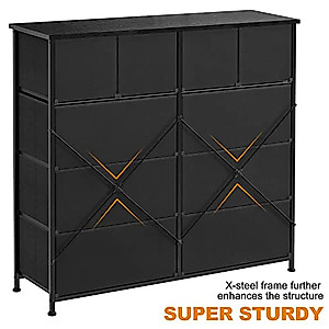 REAHOME 10 Drawer Dresser for Bedroom Fabric Storage Tower Wide Black Dresser with Wood Top Sturdy Steel Frame Storage Organizer Unit for Living Room Hallway Entryway Closets Nursery (Black Grey)