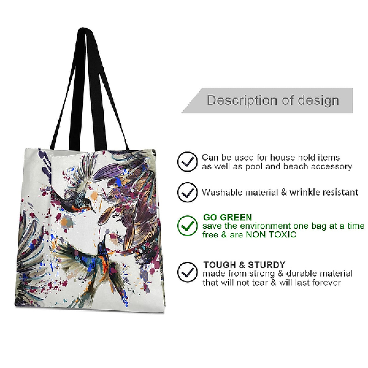 Canvas Tote Bag Watercolor Bird Hummingbird Feather Large Shopper Bag with Zipper Pocket Reusable Casual Shoulder Bag for Women Men