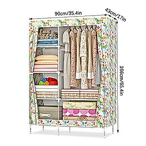 QUMENEY Wardrobe Storage Closet, Portable Clothes Standing Shelves Organizer, Extra Strong and Durable Non-Woven Fabric Rack with Hanging Rods, Quick and Easy to Assemble (Flower)
