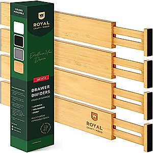 ROYAL CRAFT WOOD Adjustable Bamboo Drawer Dividers Organizers (17" - 21.5") - Expandable Drawer Organization Separators for Kitchen, Clothes, Bedroom, 4-Pack, (Natural)