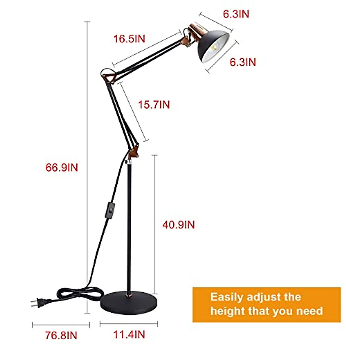 DLLT Modern Metal Floor Lamp, Flexible Swing Arms Reading Floor Lamp with Metal Shade, Adjustable Head Tall Industrial Standing Lamp for Living Room, Bedroom, Office, Study Room, E26(Matte Grey)