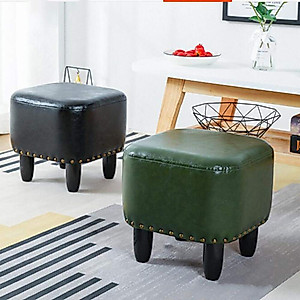 RILOOP Pu Leather Footstool Footrest Foot Stool Ottoman Pouffe Padded Square Seat Chair with 4 Legs Wooden/Green