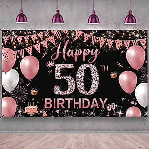 50th Birthday Decorations Backdrop Banner for Women, Happy 50th Birthday Decorations Women, Rose Gold 50 Years Old Birthday Photo Props, Fifty Birthday Party Poster Backdrop Fabric 6.1ft x 3.6ft PHXEY
