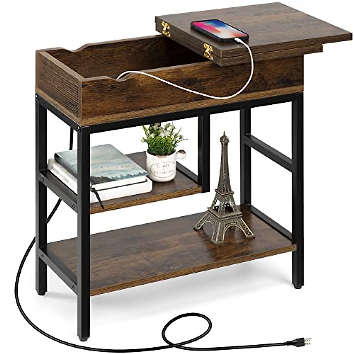 Hadulcet Side Table with USB Ports and Outlets, Narrow Sofa End Table with Storage Shelf for Small Spaces, Bedside Table Nightstand with Charging Station Rustic Brown
