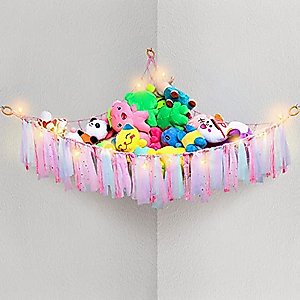 Stuffed Animal Storage with Colorful Tassels- Boho Stuffed Animal Net or Hammock with LED Light for Girls- Stuffed Animal Hammock Toy Holder for Kids Room Nursery Play Room (39.4 x 39.4 x 59 Inches)