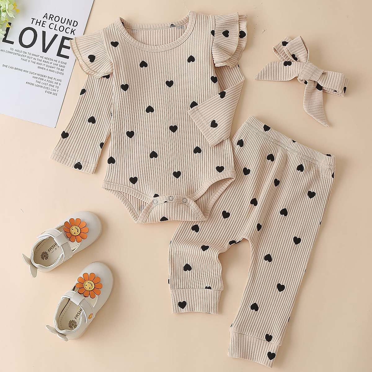 Fullfamous Infant Baby Girl Clothes Outfits,Fall Winter Romper Christmas Clothing Set 3-6 months Ecru Heart