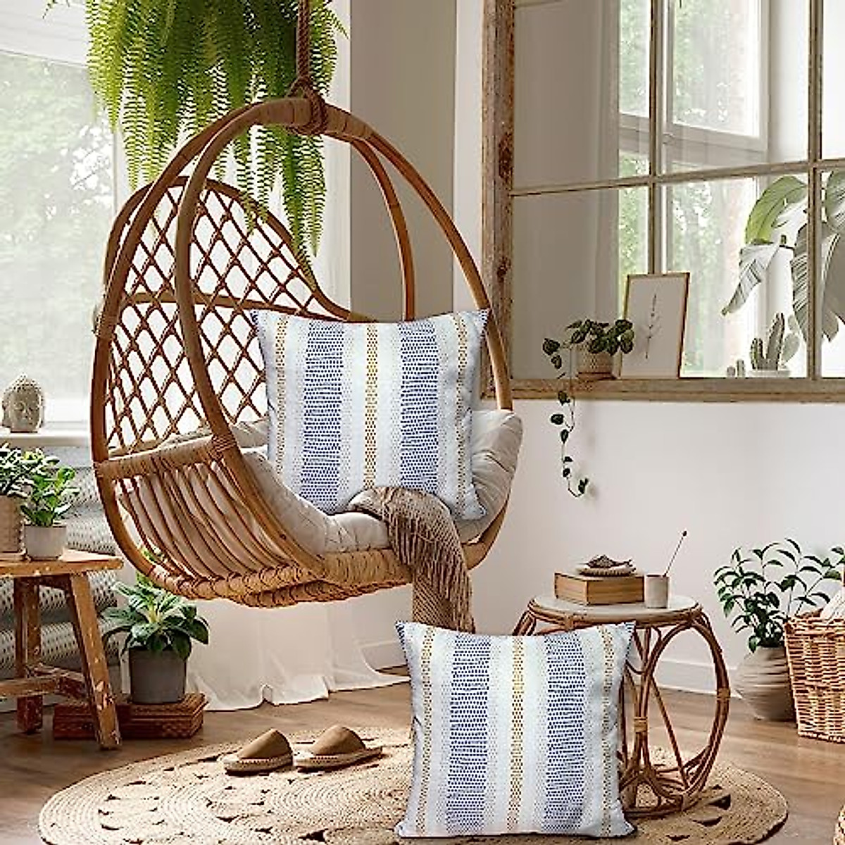 AlanRoye Outdoor Throw Pillow Covers Farmhouse Decorative 18x18inch Set of 2 Blue Yellow Grey Gray Gold Waterproof Stripe for Patio Garden Couch Neutral Beige Aesthetic Linen Modern Pillowcase