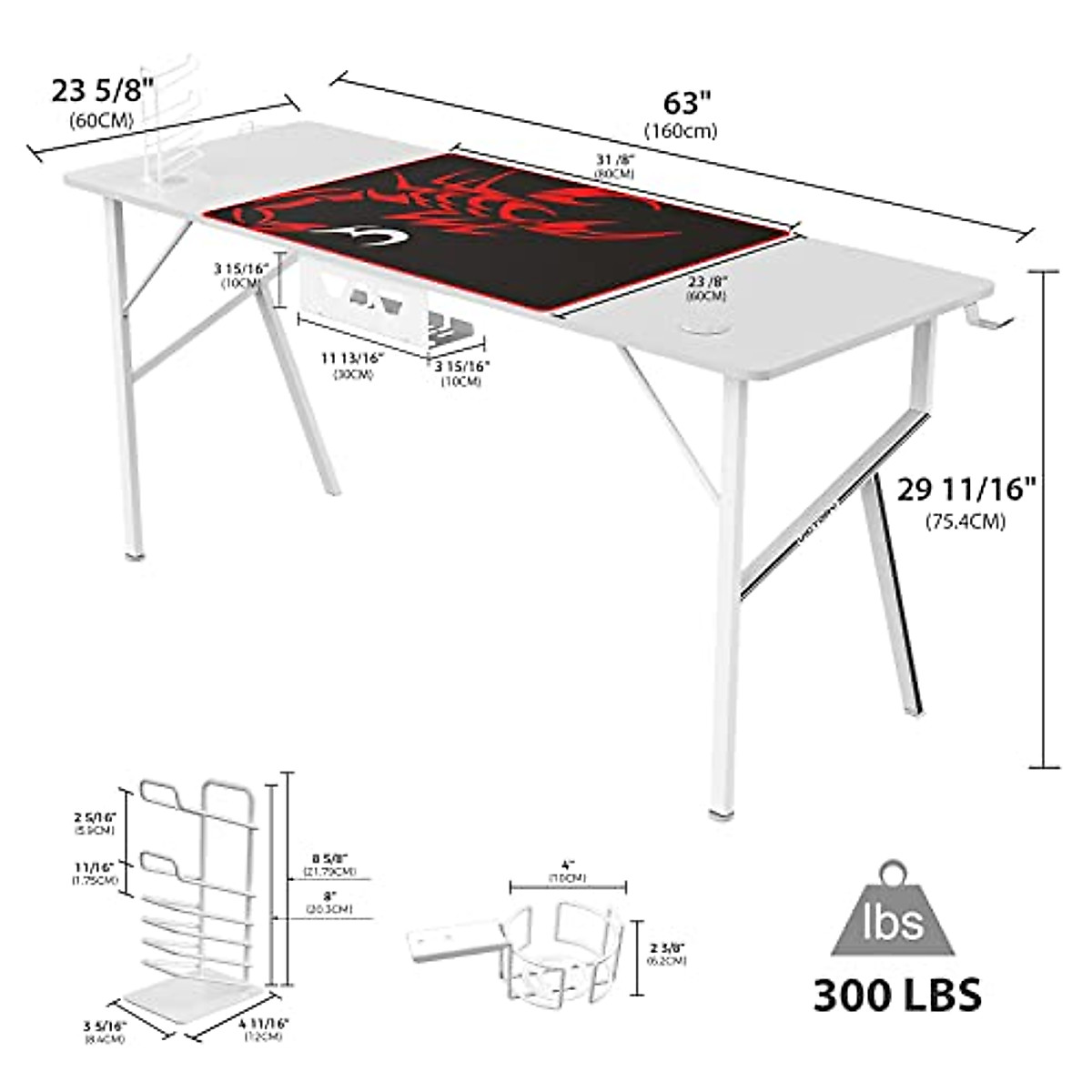 DESIGNA White Gaming Desk 63 inch, Large Gaming Tables Gamer Pc Workstation K Shaped Game Station with Free Mouse Pad, Gaming Handle Rack, Cup Holder and Headphone Hook, Carbon Fibre Surface