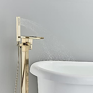 Votamuta Freestanding Bathtub Faucet Brushed Gold Waterfall Floor Mount Tub Filler Brass Single Handle Bathroom Tub Faucets with Hand Shower Mixer Tap 360° Swivel Spout