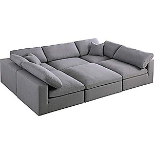 Meridian Furniture Serene Collection Modern | Contemporary Deluxe Comfort Modular Sectional, Soft Linen Textured Fabric, Down Cushions, 2 Corner + 3 Armless + 1 Ottoman, Grey