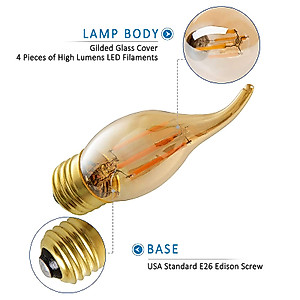 PANLAVIE LED Filament Chandelier Bulb 4W, Vintage Classic Edison Style, E26 Standard Base Amber Glass Light Bulbs, Gold Tint Flame Tip, 40W Equivalent, Ultra Warm White 2200K, Pack of 6