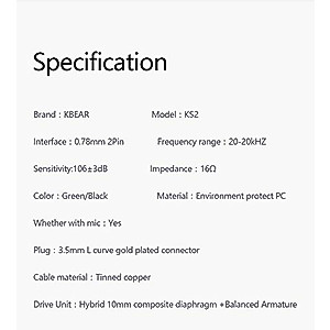 YINYOO KBEAR KS2 IEM, Ear Monitor Headphones, HiFi in Ear Earbud Headset Noise Cancelling Hybrid 1BA 1DD Earphone with Removable Cable for Running Walking (with mic, KS2 Green)
