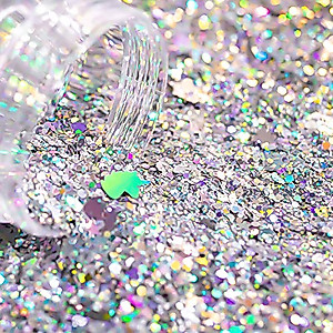 Silver Holographic Chunky Cosmetic Glitter Body Hair Face Eye Nail for Festival Carnival Concert Party Beauty Rave Accessories Different Sizes&Shapes ✮14g + Quick Dry Primer Glue Gel(5ml)