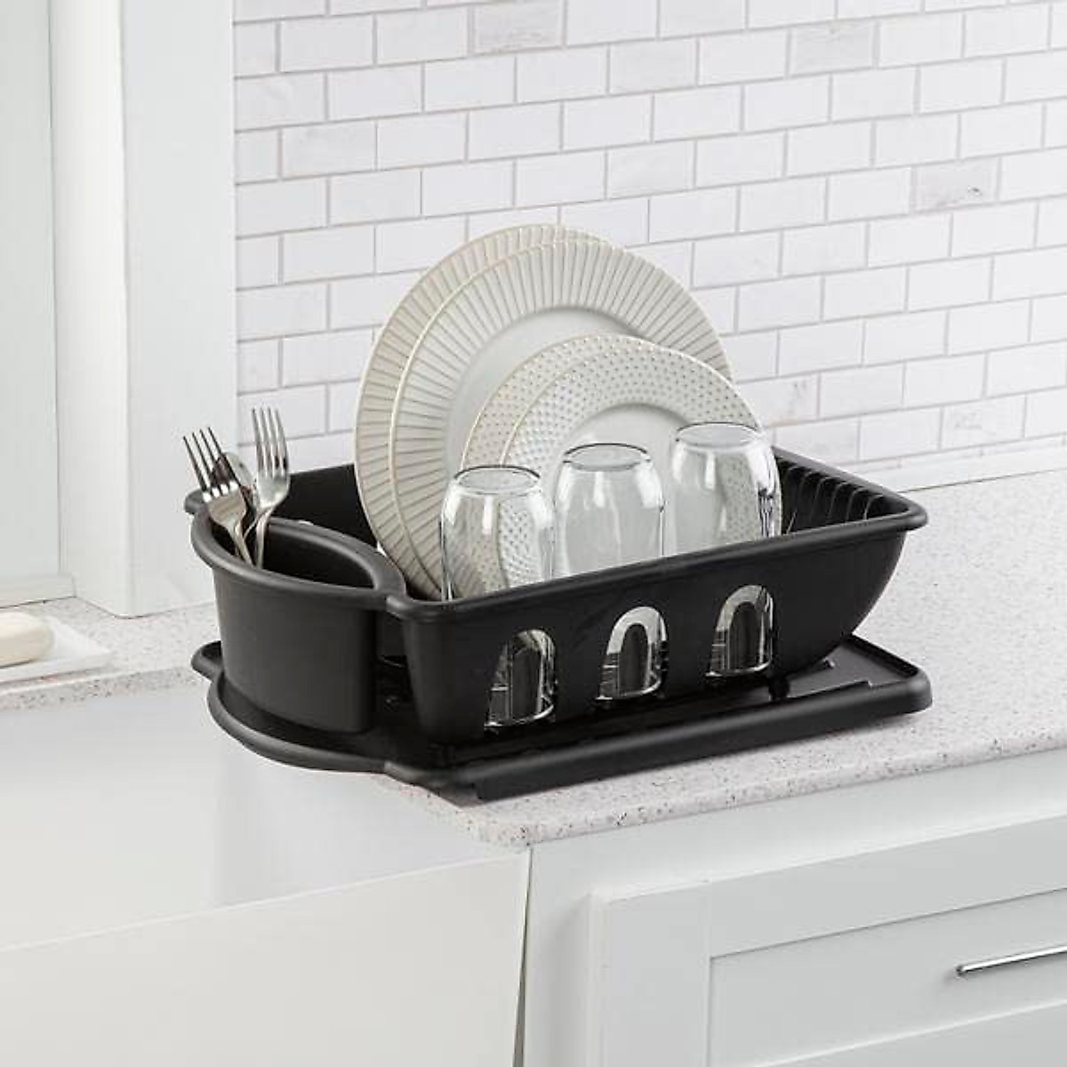 Tribello Sink Dish Drying Rack, Heavy Duty Hard Plastic Drying Rack, Dish Drainer for Kitchen Counter with Drainboard Set, with Silverware Holder - 18 x 13 x 6 (Black)
