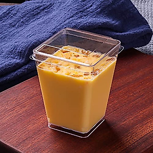 Tosnail 50 Pack 5 Oz Tall Square Clear Plastic Dessert Tumbler Cups with 50 Pieces Plastic Lids and 50 Pieces Plastic Tasting Spoons - Clear