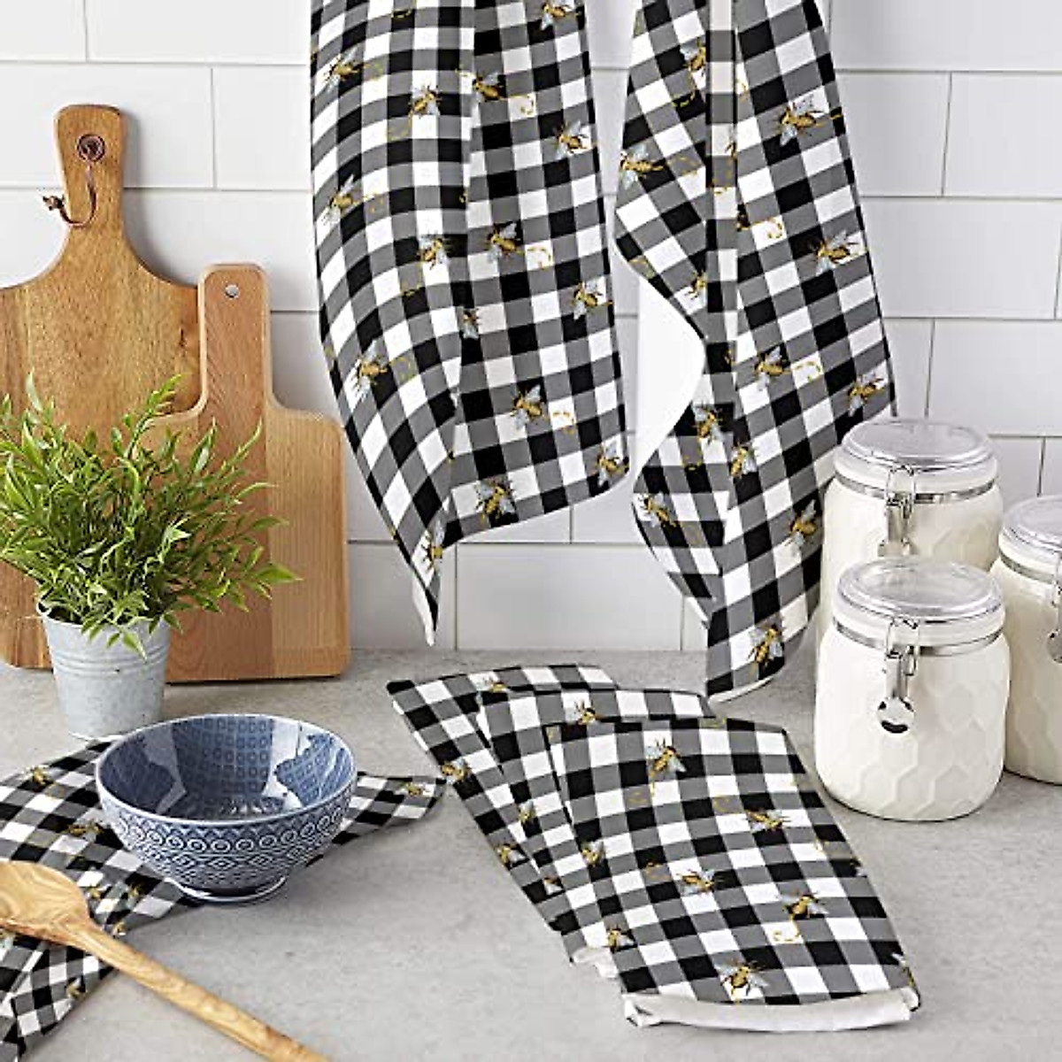 MUSEDAY Kitchen Towels Set Minimalist Black White Buffalo Check Plaid Cute Bee Absorbent Dish Towels Dish Cloths for Drying Kitchen Hand Towels Decorative Tea Towels