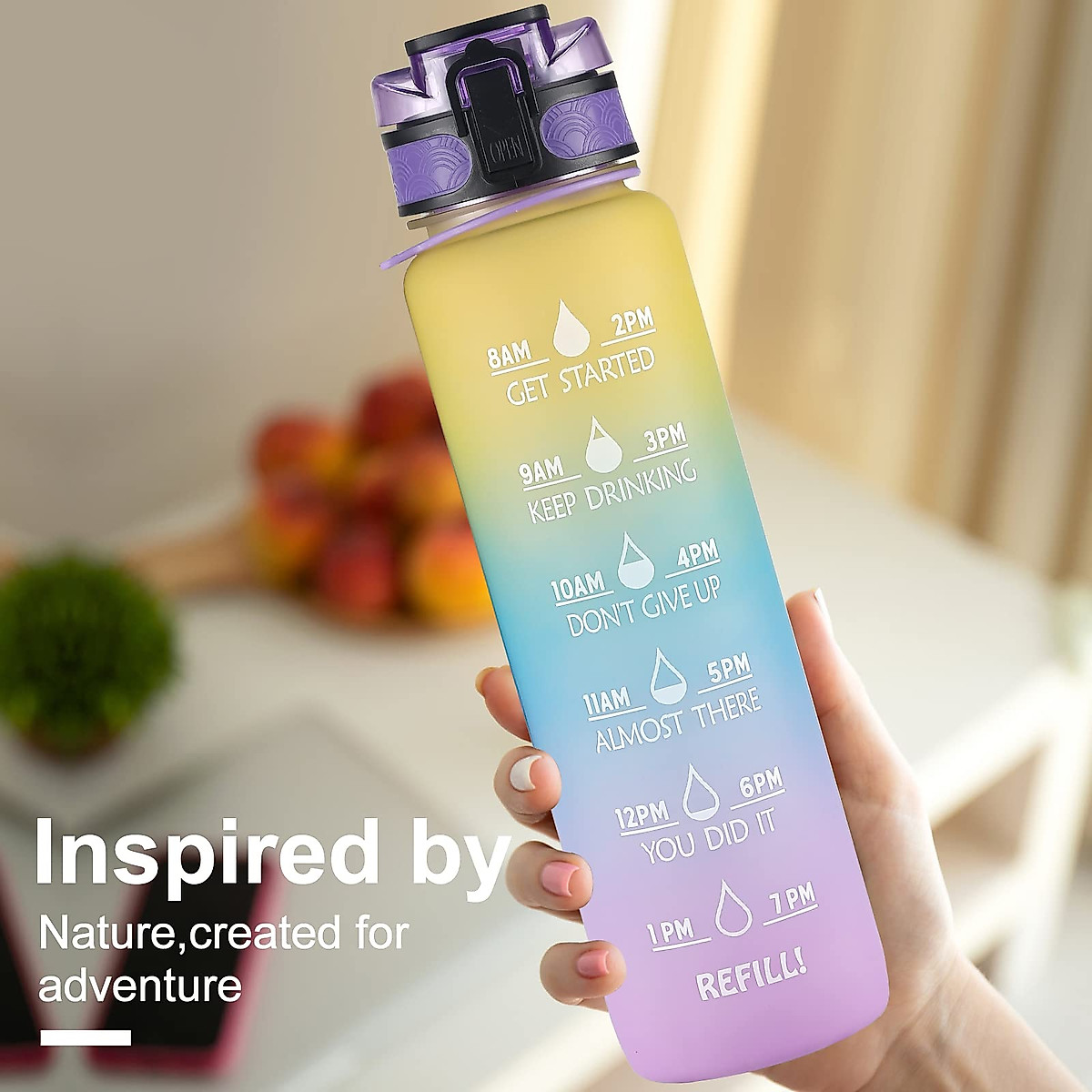 Kanglesdip 32 oz Large Water Bottle with Motivational Time Marker & Removable Strainer,Fast Flow BPA Free for Fitness, Gym and Outdoor Sports(Yellow/Blue/Purple, 32 oz)