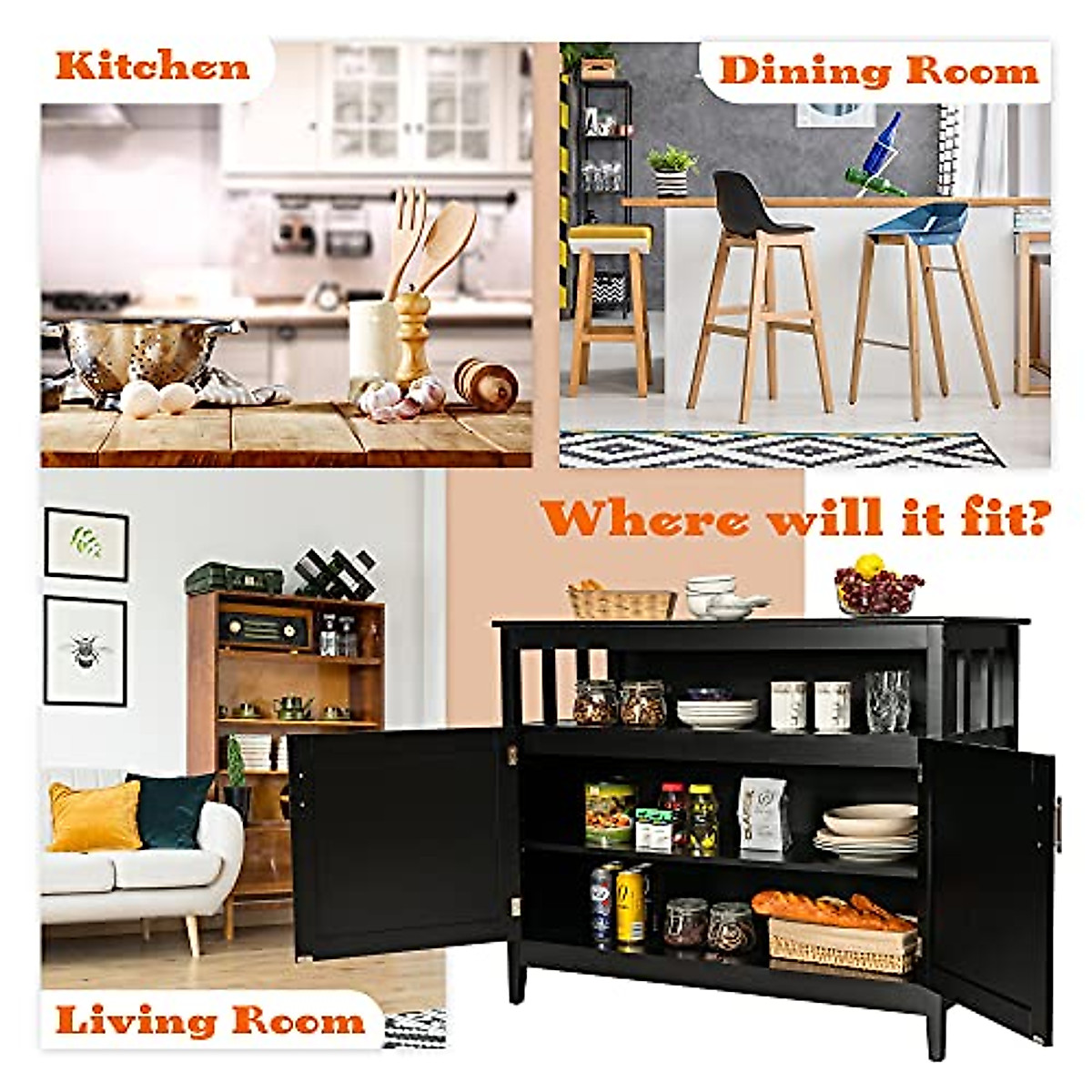 LOKO Buffet Cabinet with Storage, Freestanding Kitchen Cabinet with Adjustable Shelf, Storage Sideboard Console Table, 45 x 20 x 36 inches (Black)