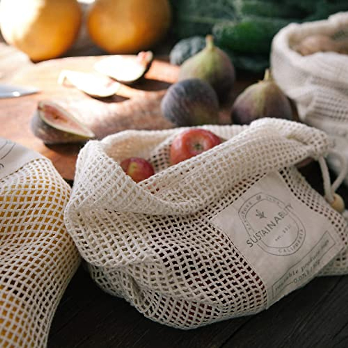 Reusable Produce Bags Organic Cotton | Home Essentials Sustainable Living, Washable Laundry, Travel Organizer, Zero Waste Biodegradable Drawstring Vegetable Mesh Grocery Bag | Set of 7 w/Tare Weights