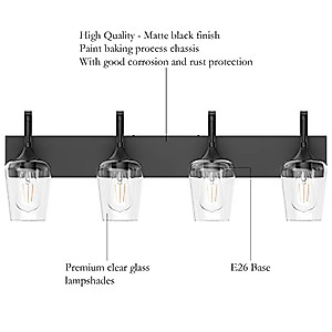 Ralbay Matte Black Bathroom Light Fixtures 4-Lights Industrial Black Vanity Lights Clear Glass Vintage Edison Matte Black Wall Lamp Light Fixture for Bathroom