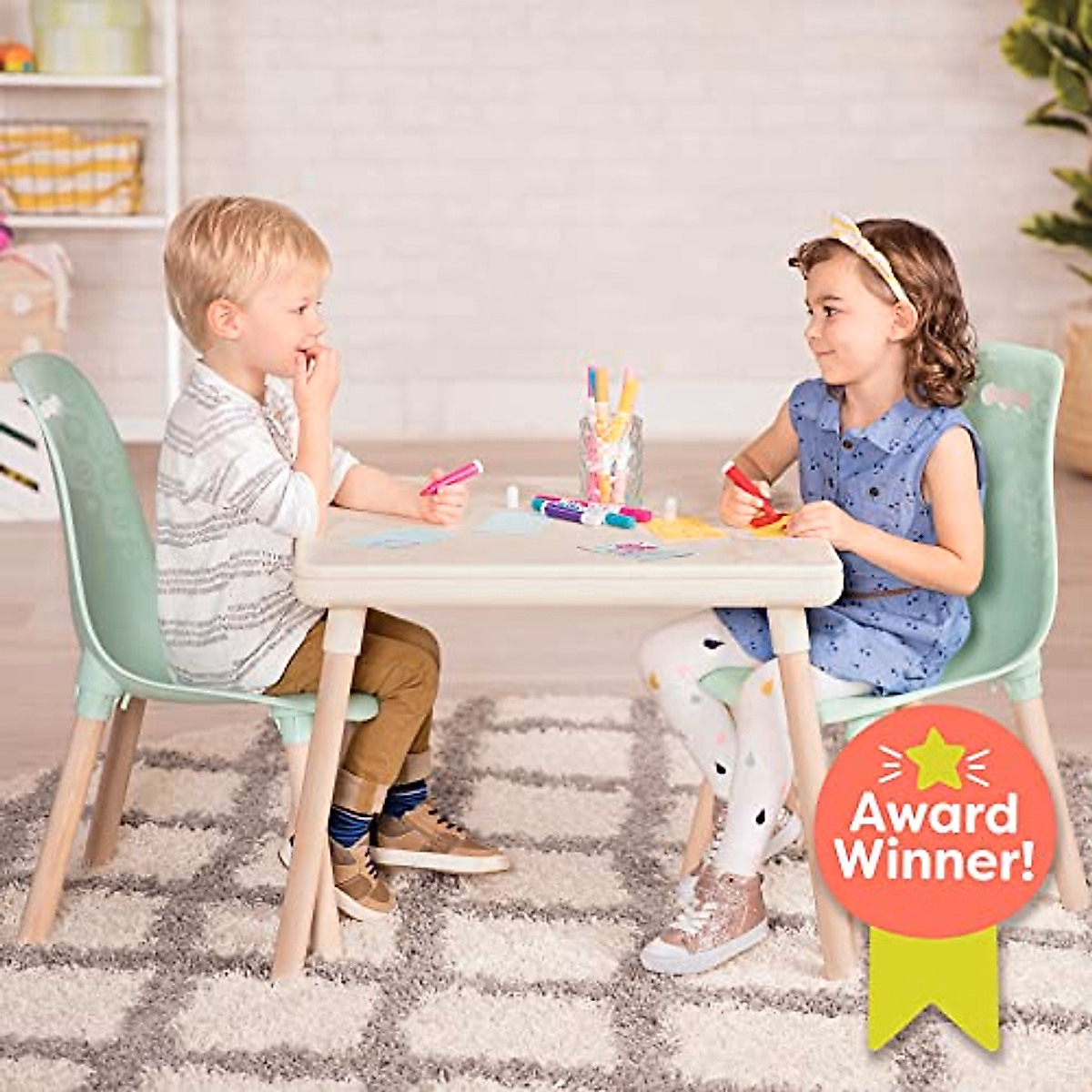 B. toys- B. spaces- Table and Chair Set- Furniture For Toddlers- 1 Craft Table & 2 Chairs- Natural Wooden Legs- Mint- 3 years +