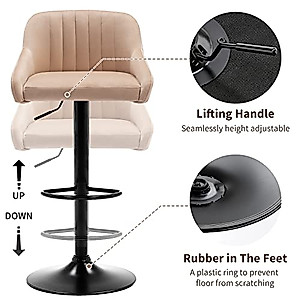 Fefances Bar Stools Counter Height Bar Stool Velvet Swivel Bar Stools Height Adjustable with Black Metal Base Khaki