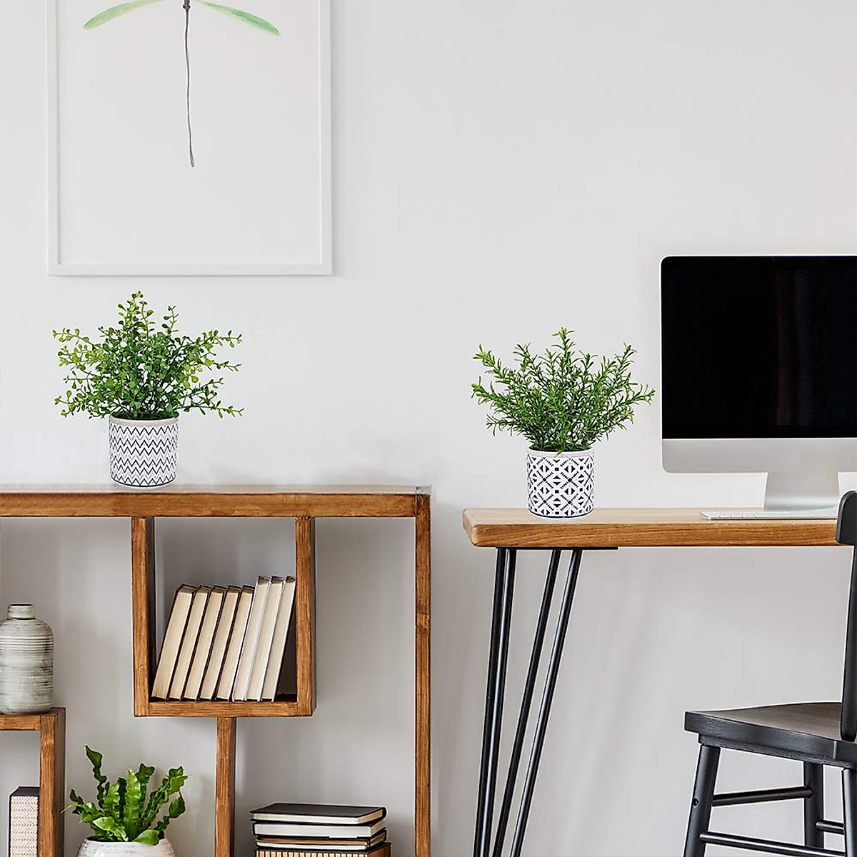 Winlyn 2 Pack Small Potted Eucalyptus Plant Artificial Plants Green Boxwood Rosemary Greenery in Modern Concrete Plant Pots