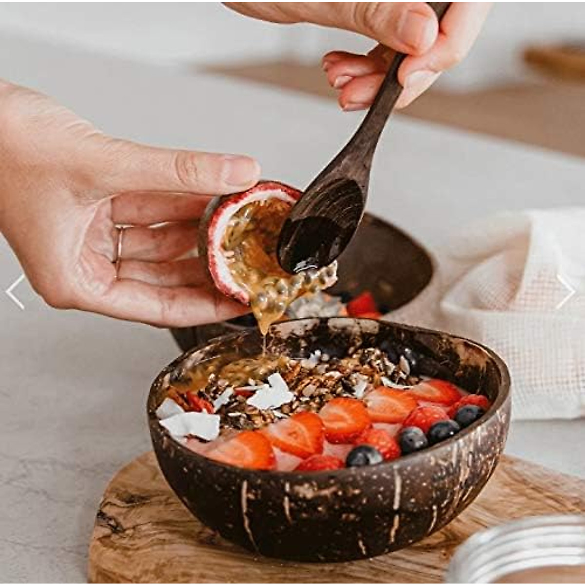Natural Coconut Bowls and Coconut Spoons (Set of 2 Bowls and 2 Spoons) - 100% Natural Serving Bowls - Vegan - Organic - Hand Made - Eco Friendly - Made from Reclaimed Coconut Shells - by Coco Co.