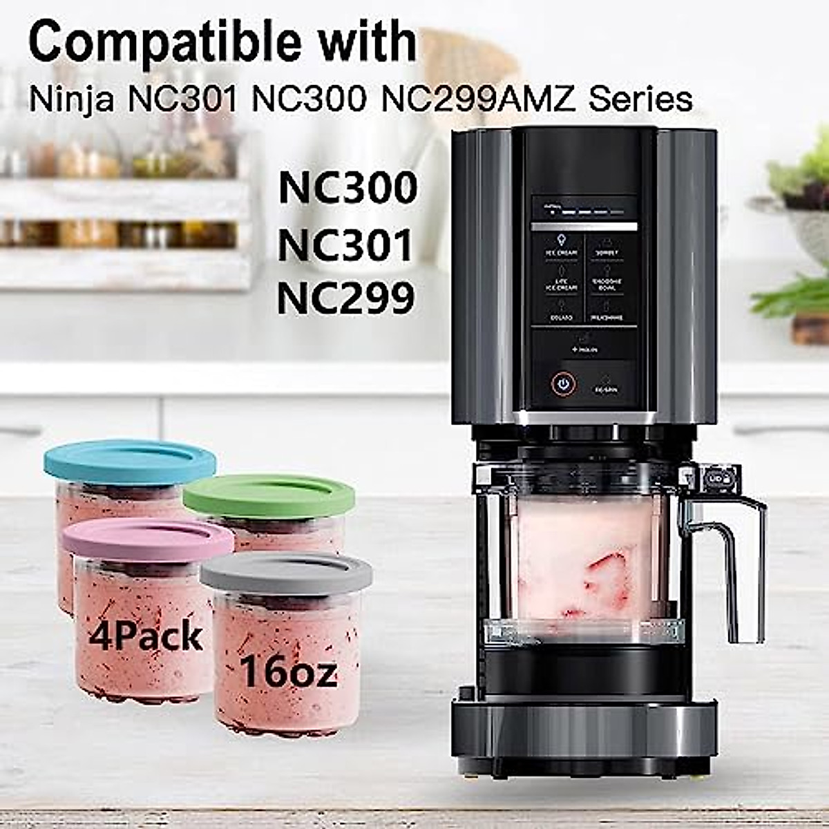 KATELER Replacement for Ninja Creami Pints and Lids-4 Pack,Compatible with Ninja NC301 NC300 NC299AMZ Series Creami Deluxe ice Cream Makers,Creami Pint Containers with Leak Proof Lids,Dishwasher Safe