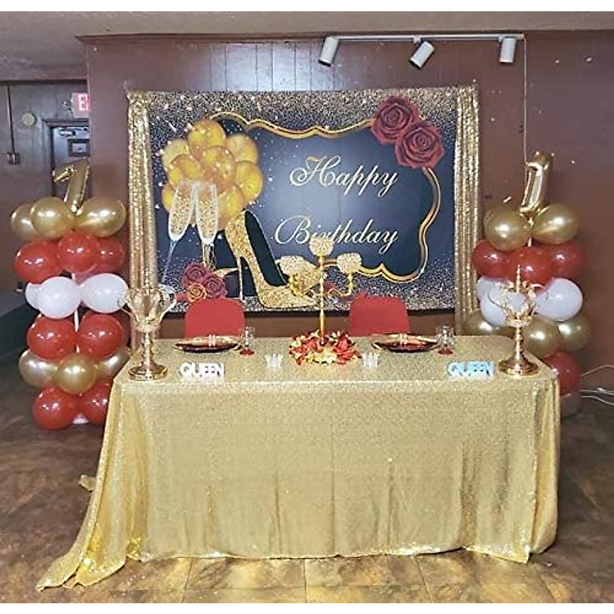 GYA 7x5ft Glitter Gold Happy Birthday Backdrop Red Rose Floral Golden Balloons Heels Champagne Glass Background for Women Birthday Party Decorations Birthday Party Supplies