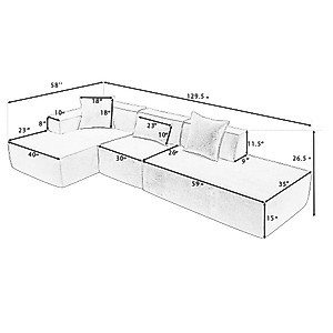 OPULHAUS Modern Minimalist Upholstered Couch，130" Oversized Modular Floor L-Shaped Sofa Set,Modern Upholstered Combination Facing Sofa, 3 PC Free Combination (130" Left-Hand Facing, Light Brown)