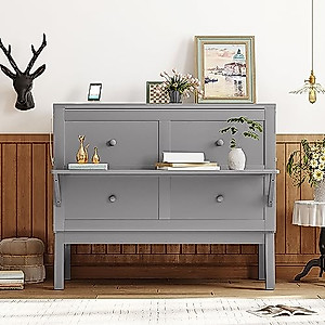 Harper & Bright Designs Full Size Murphy Bed with USB Port, Wooden Full Bed Frame with 2 Removable Desk, Foldable Cube Cabinet Full Platform Bed, Modern Murphy Bed for Guest Room Home Office, Gray