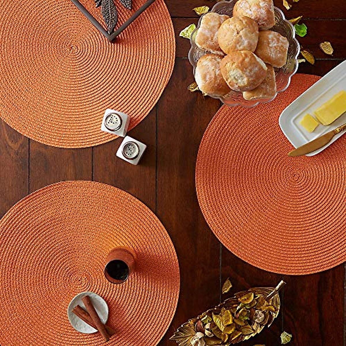DII Classic Woven Tabletop Collection, Indoor/Outdoor Placemat Set, Round, 15" Diameter, Orange, 6 Piece